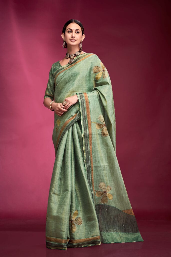 Pistachio Green Pure Tusser Silk Saree For Women - Best Hand Work ...